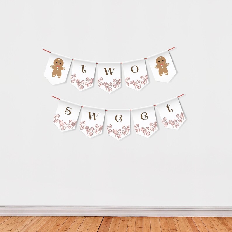 Two Sweet Christmas Birthday Banner DIY Gingerbread Pennant Decoration ...