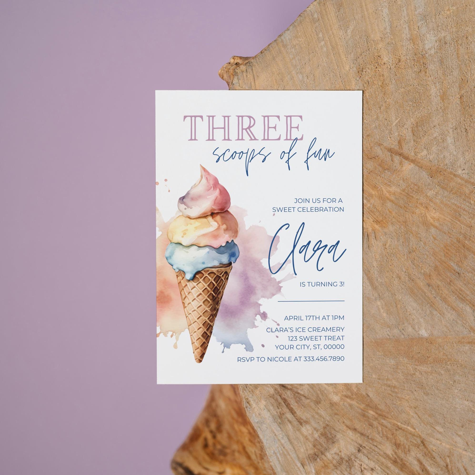 Three Scoops of Fun Birthday Invitation | Ice Cream Party Invite ...