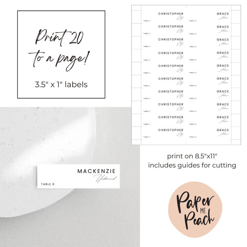 Modern Thin Name Place Card | Flat Printable Tags | Minimalist Wedding ...