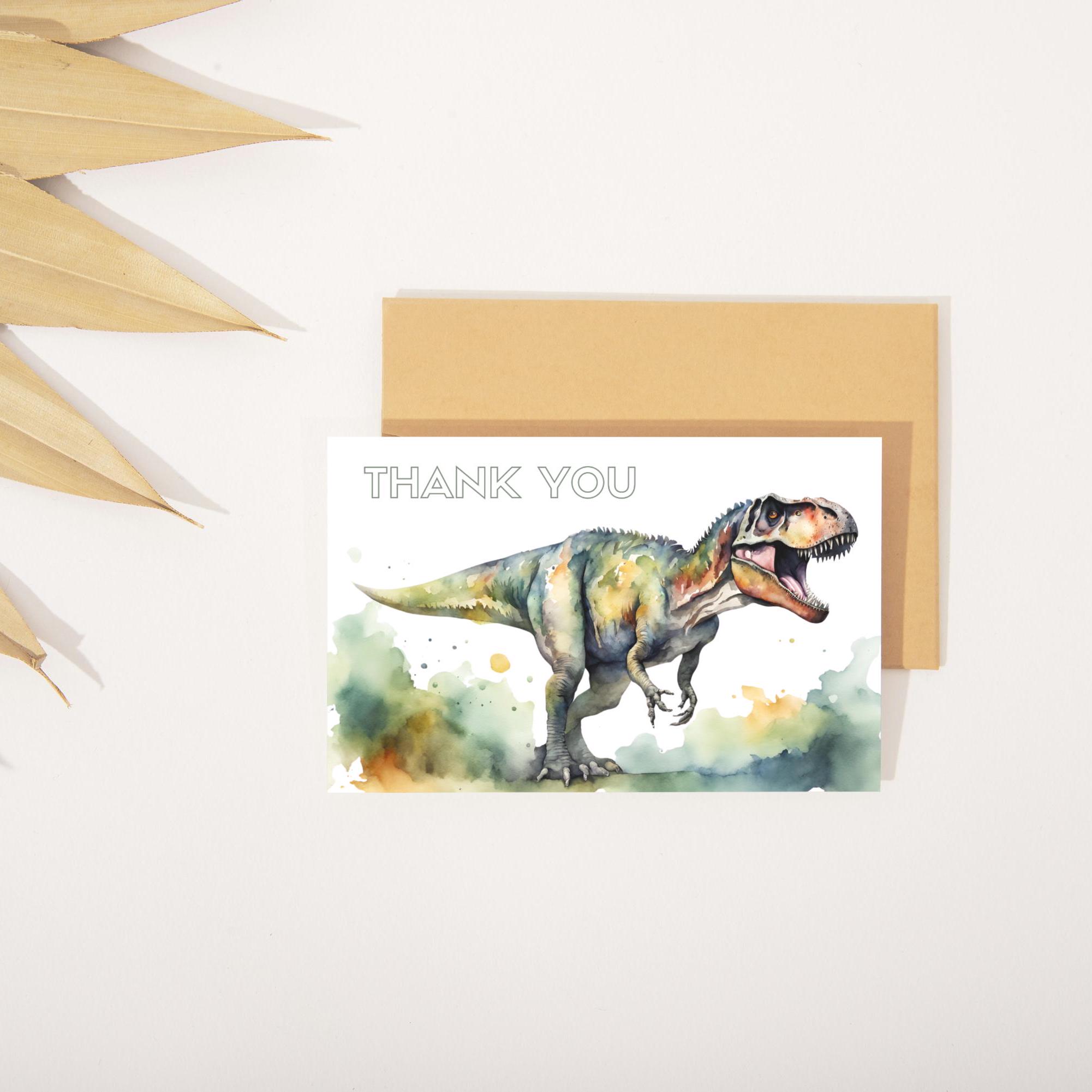 Dinosaur Thank You Card | T-rex Dino Birthday Party | DIY Watercolor ...
