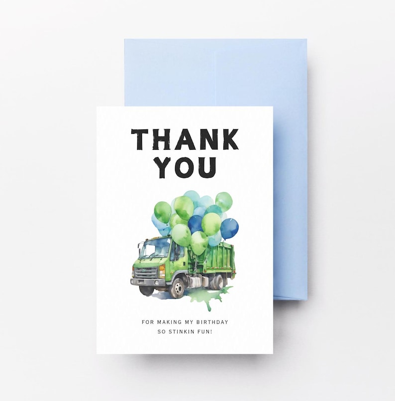 Garbage Truck Birthday Thank You Card | Recycle Party | Rubbish Bin ...