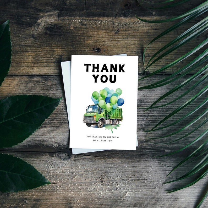 Garbage Truck Birthday Thank You Card | Recycle Party | Rubbish Bin ...