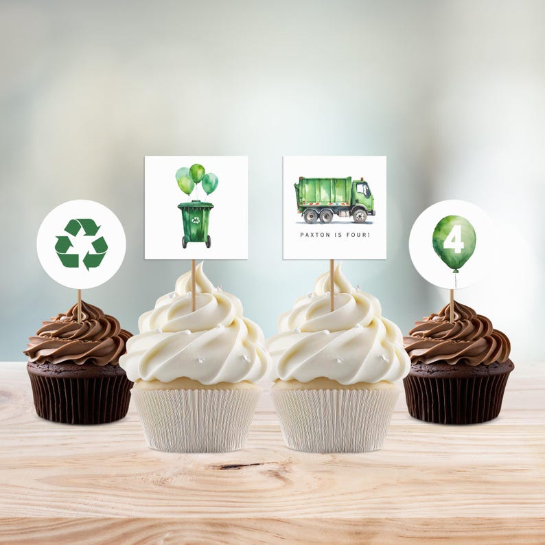 Garbage Truck Birthday Cupcake Toppers | Recycle Stickers | DIY Trash ...