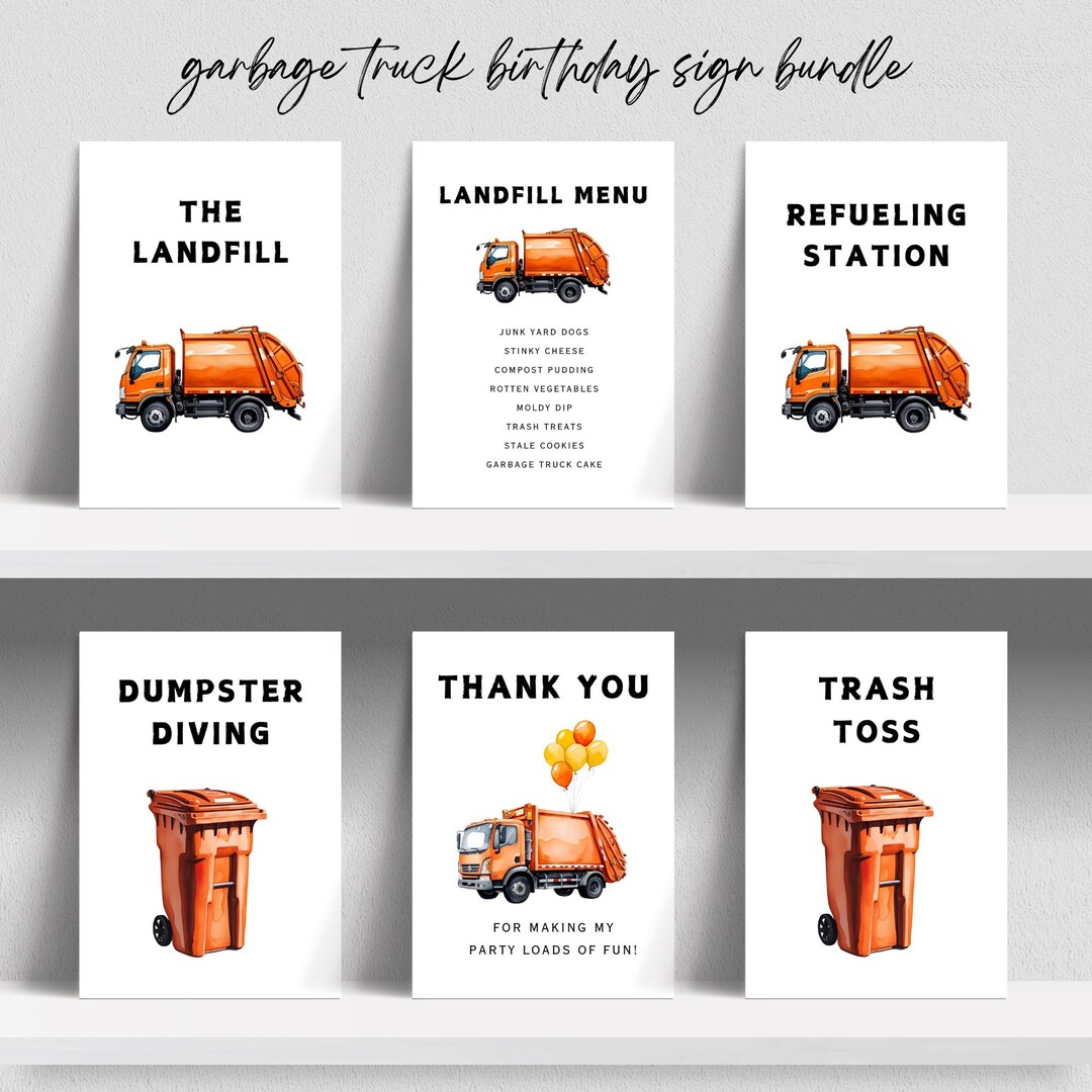 Orange Garbage Truck Birthday Party Sign Bundle | Rubbish Bin | Trash ...