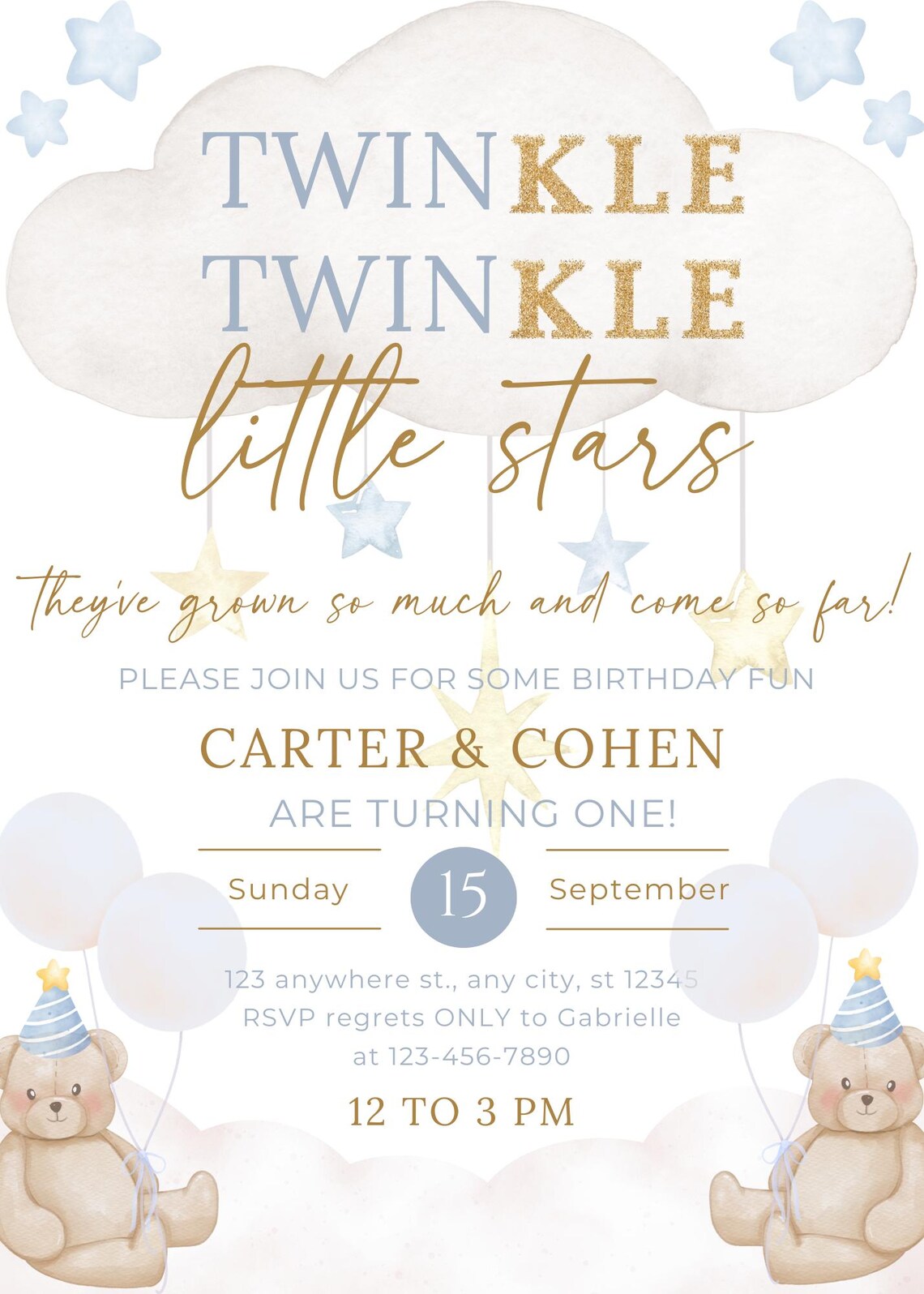 Editable Twins First Birthday Invitation Twinkle Twinkle Little Stars ...