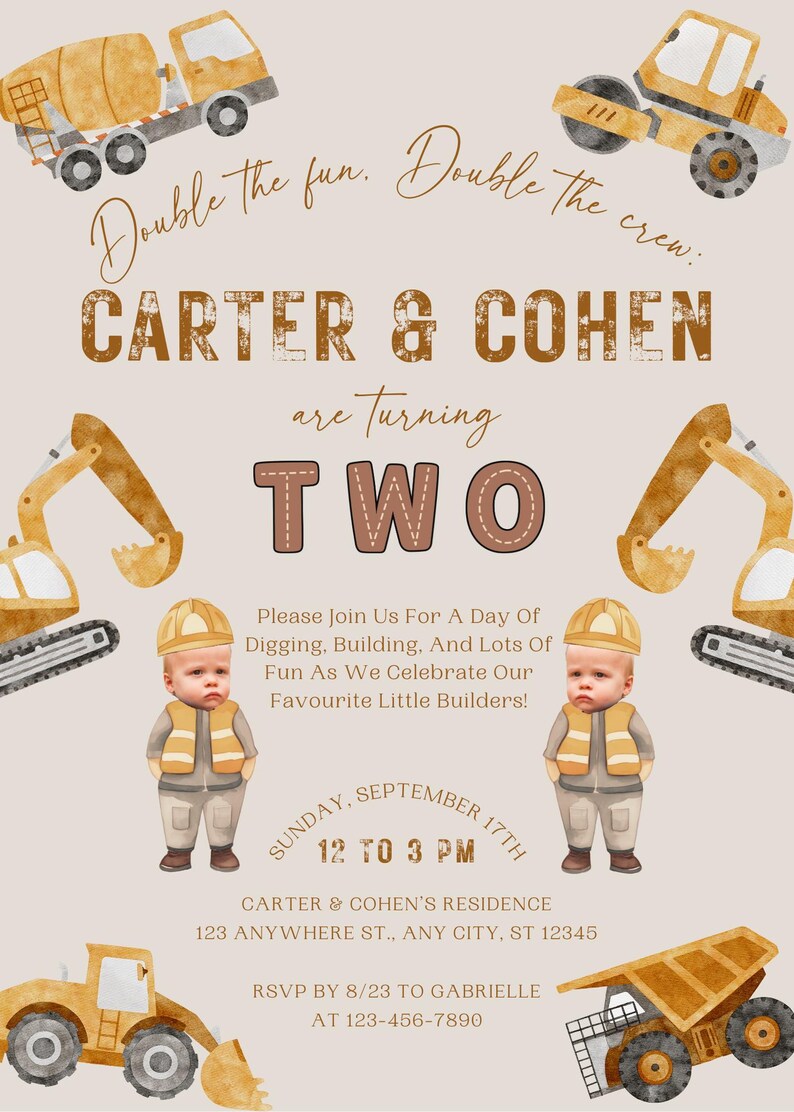 Editable Twins First Second Birthday Invitation Construction Digging ...