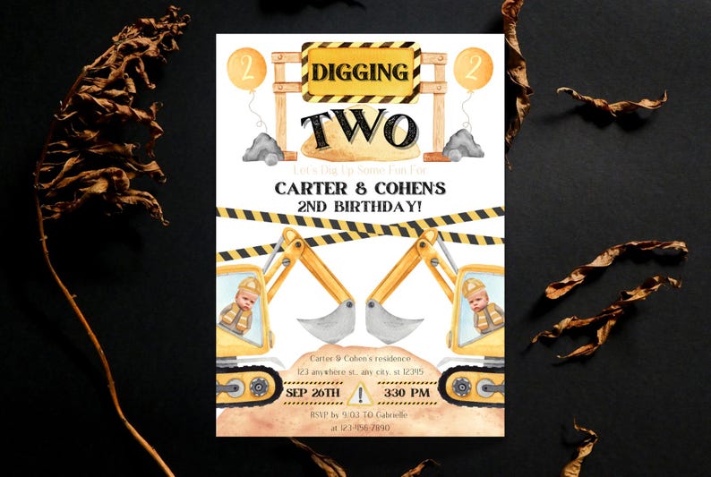 Editable Twins First Second Birthday Invitation Construction Digging ...
