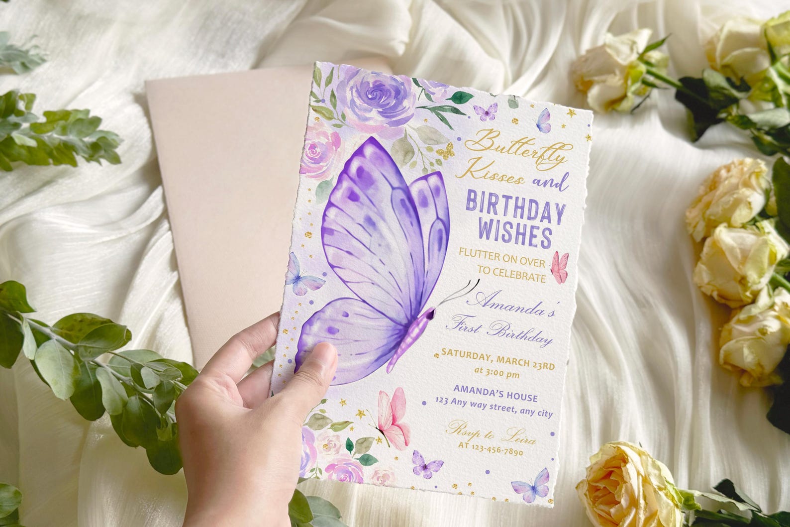 Purple Butterfly Birthday Invitation Card, Floral Birthday Invite ...