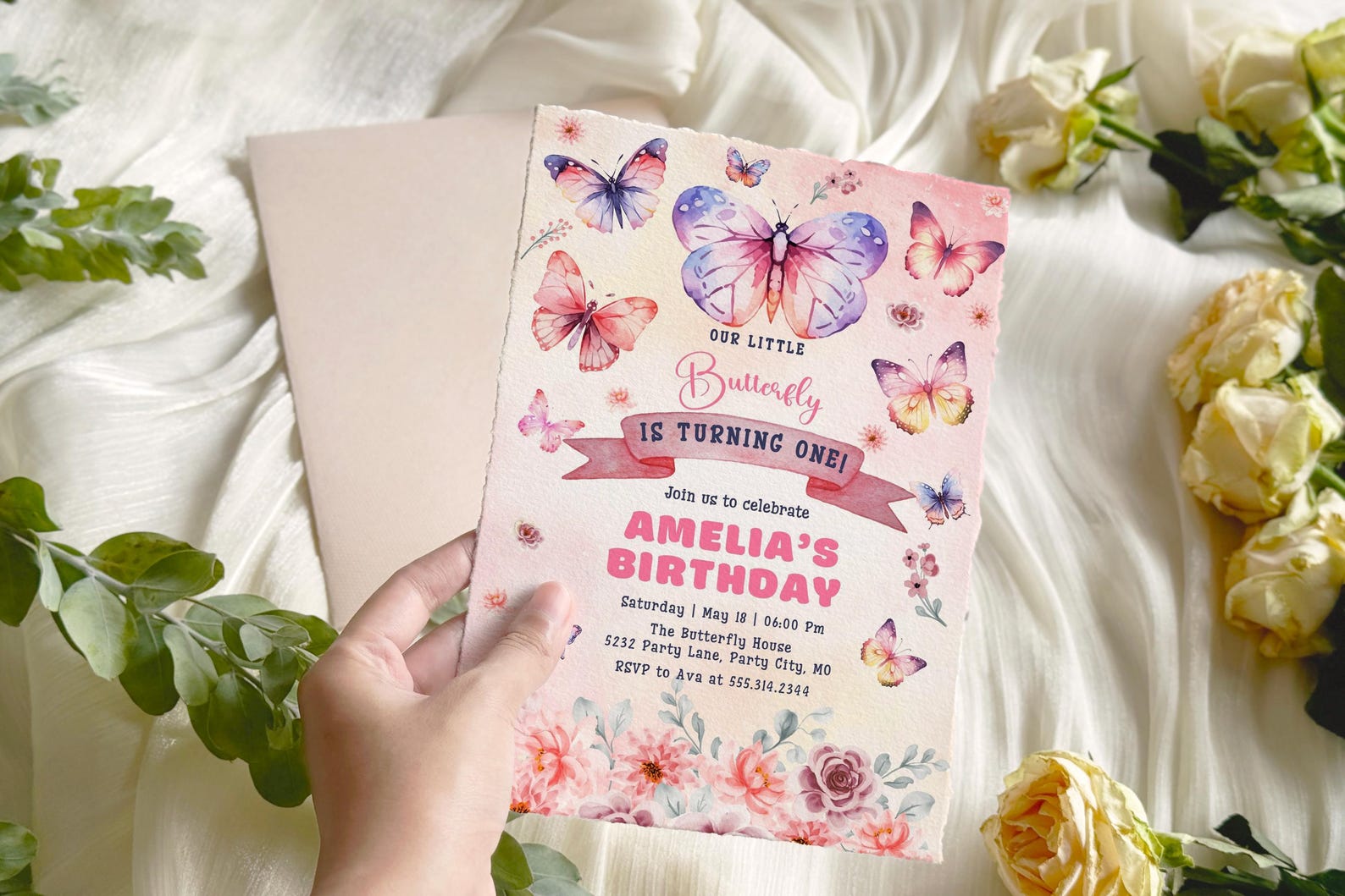 Pink Butterfly Birthday Invitation Card, Fairy Birthday Invitation ...