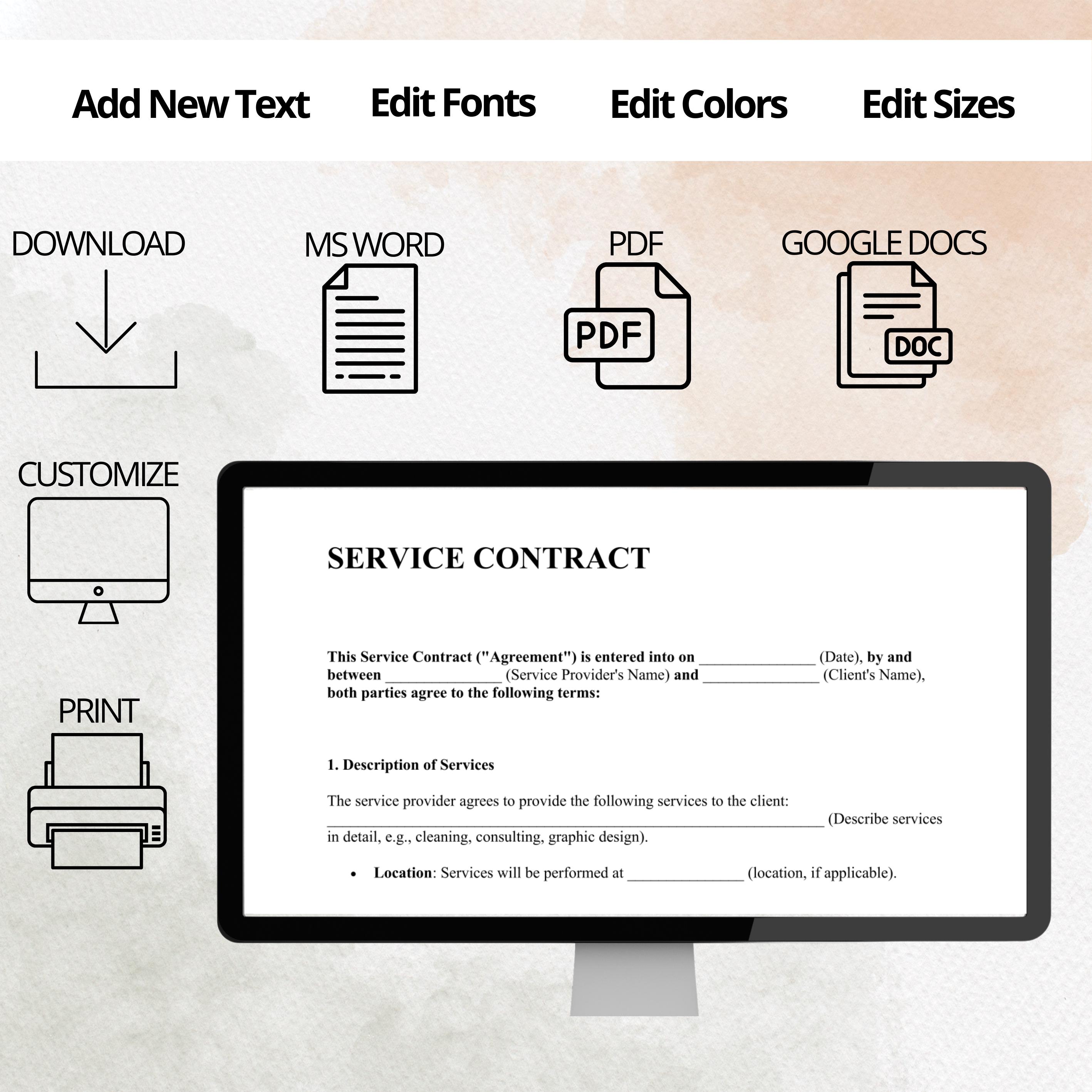Editable Service Contract Template - PDF | Word | A4 & US Letter Size - Etsy