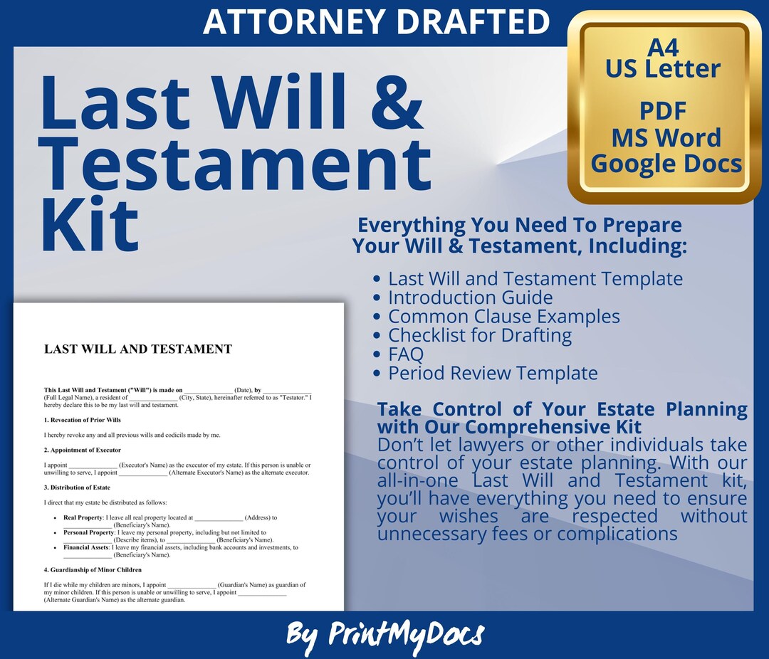 Last Will and Testament Kit | Legal Guide & Form (PDF) - Etsy