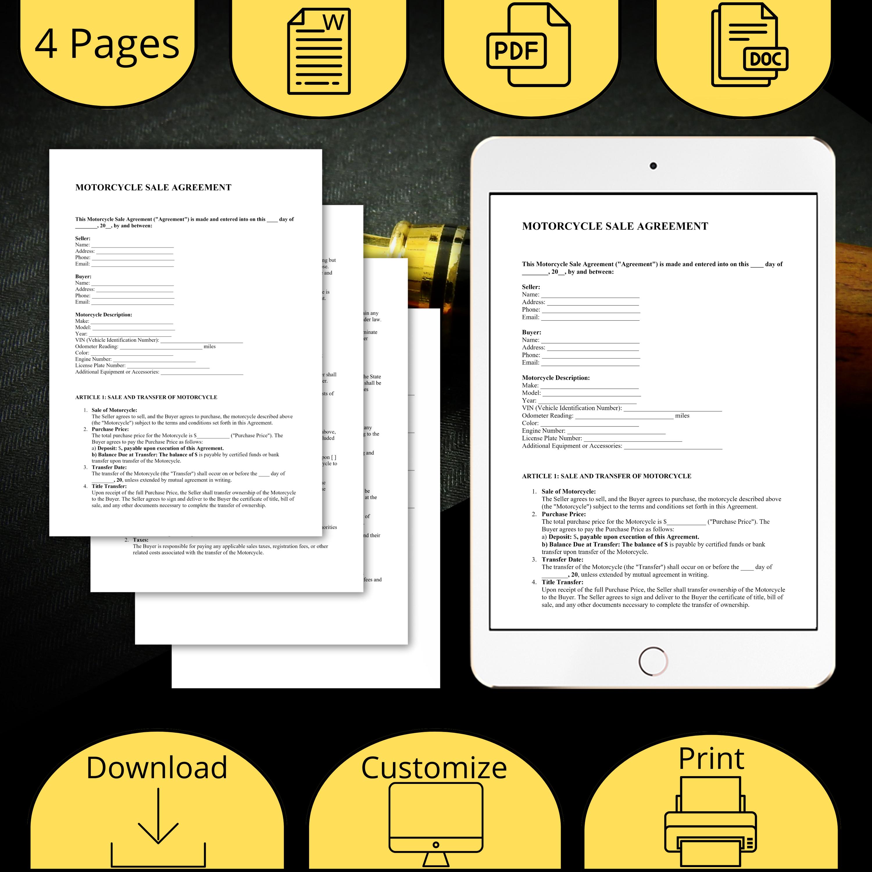 Motorcycle Sale Agreement | Editable PDF, Google Doc, Word | Legal ...