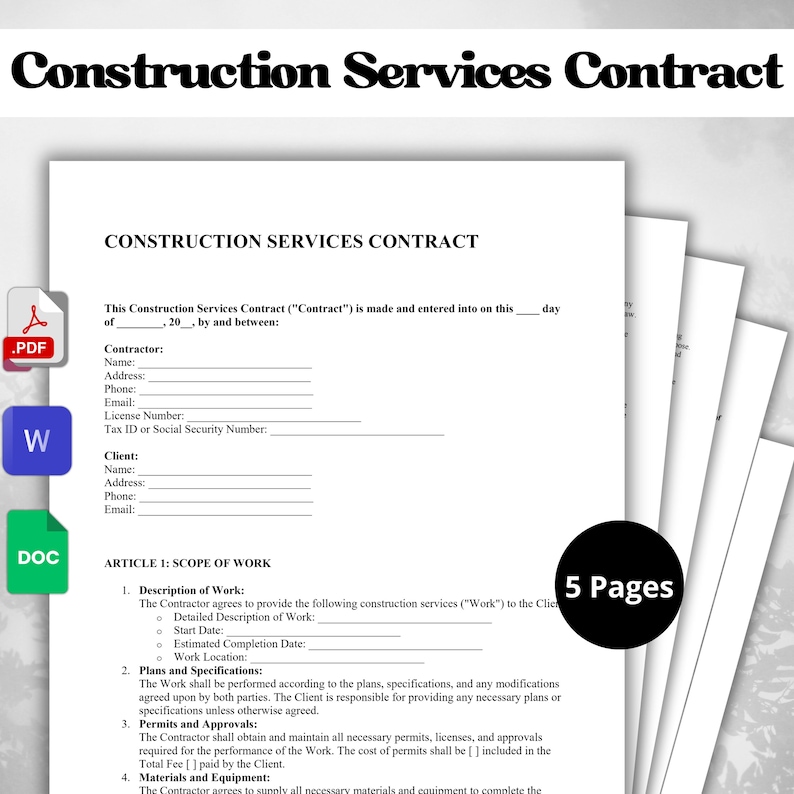 Construction Services Contract | Editable PDF, Google Doc, Word | Legal ...