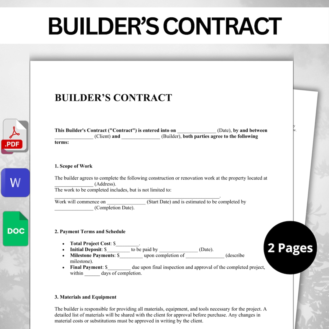 Builders Contract – Editable Construction Agreement | PDF & Word | A4 ...