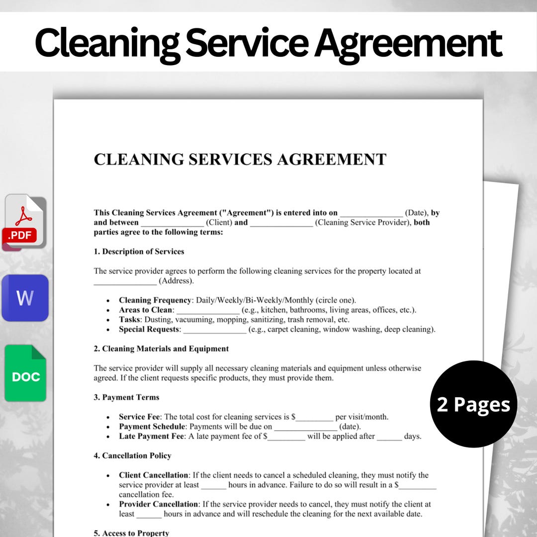 Editable Cleaning Service Agreement - PDF and Word | A4 & US Letter ...