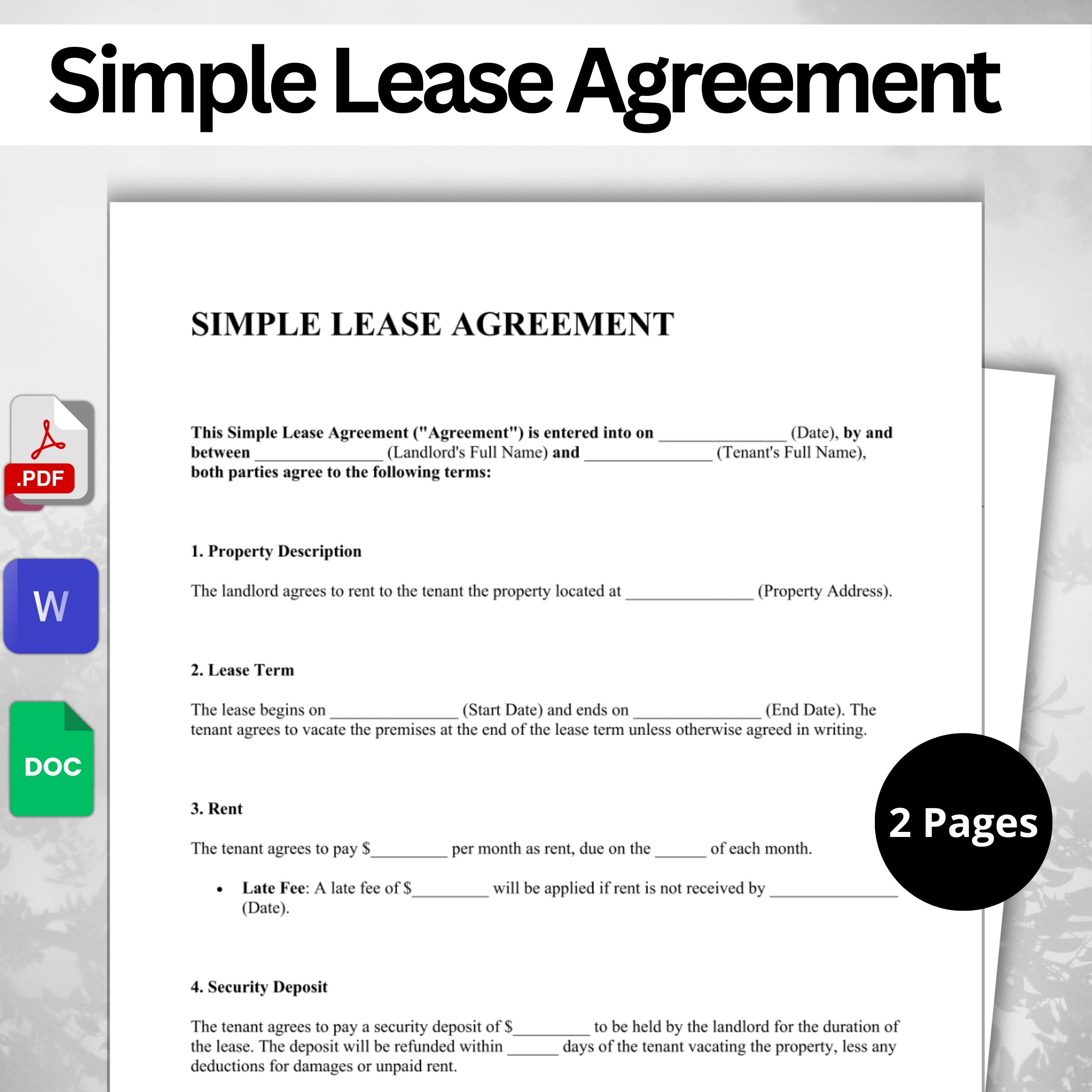 Editable Simple Lease Agreement - PDF | Word | A4 & US Letter Size - Etsy