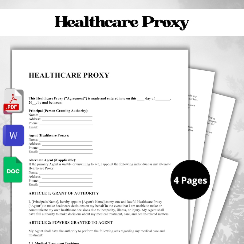 Healthcare Proxy Agreement – Editable Medical Power Form | PDF, Word ...