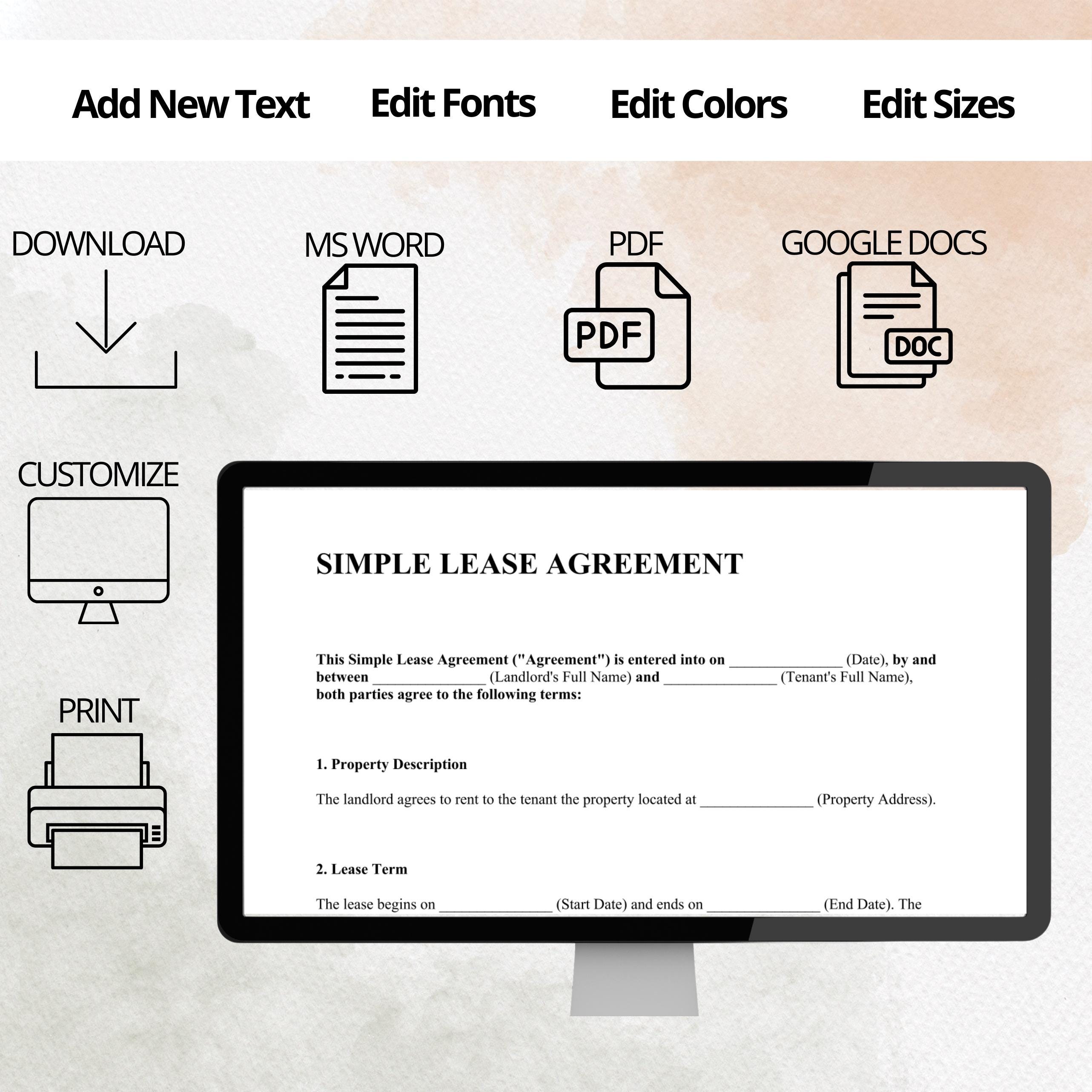 Editable Simple Lease Agreement - PDF | Word | A4 & US Letter Size - Etsy