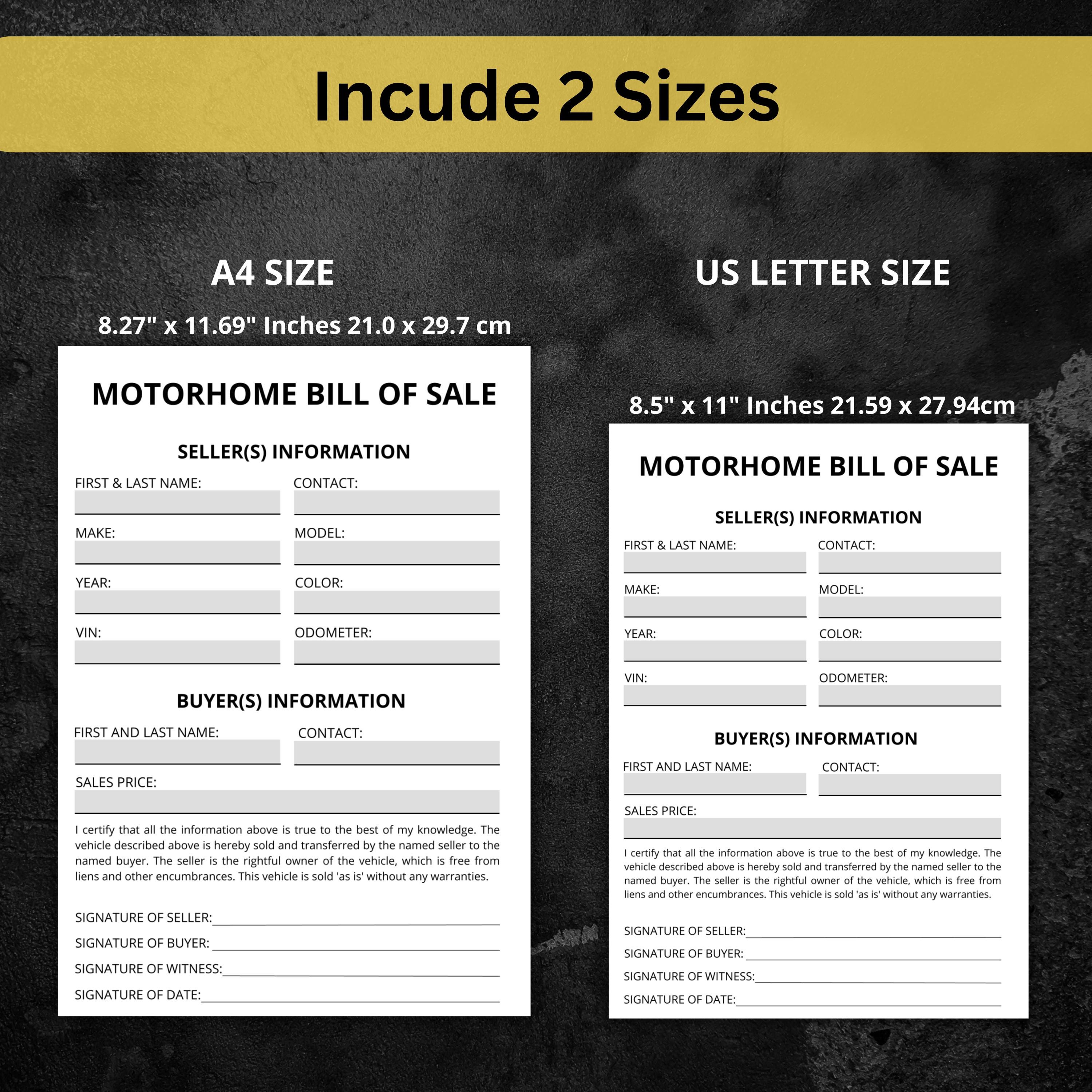 Editable Motorhome Bill of Sale Template – PDF A4 & US Letter - Etsy