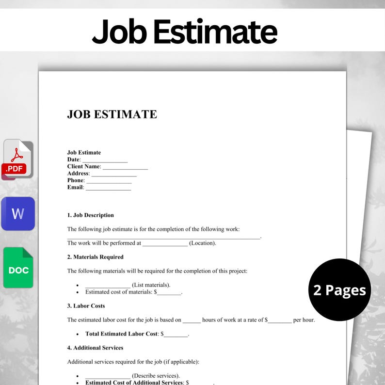 Editable Job Estimate Template - PDF | Word | A4 & US Letter Size - Etsy