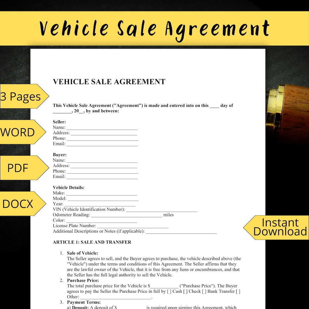 Vehicle Sale Agreement | Editable PDF, Google Doc, Word | Legal Form - Etsy