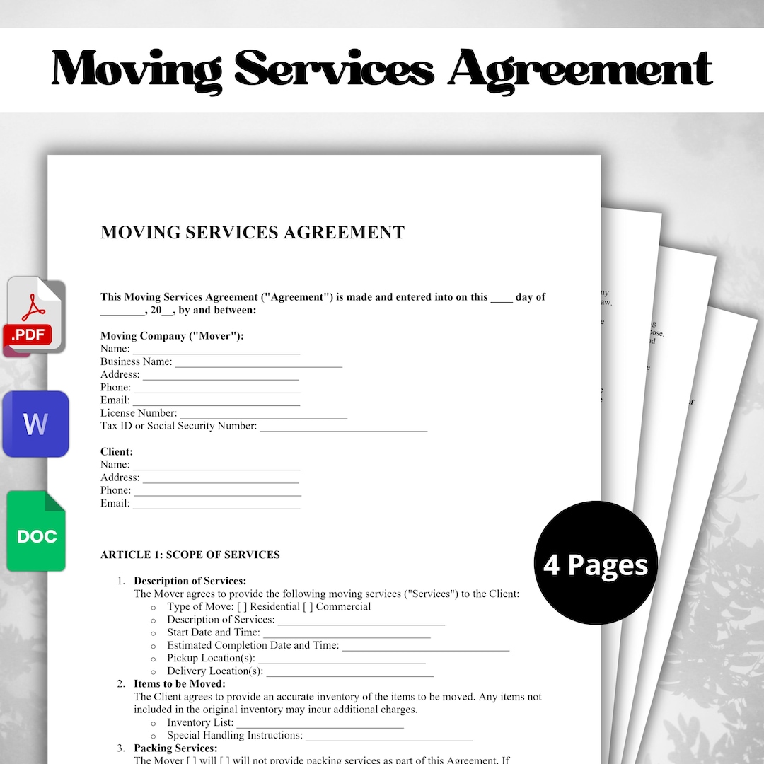 Moving Services Contract – Editable Template | PDF, Word, Google Docs ...