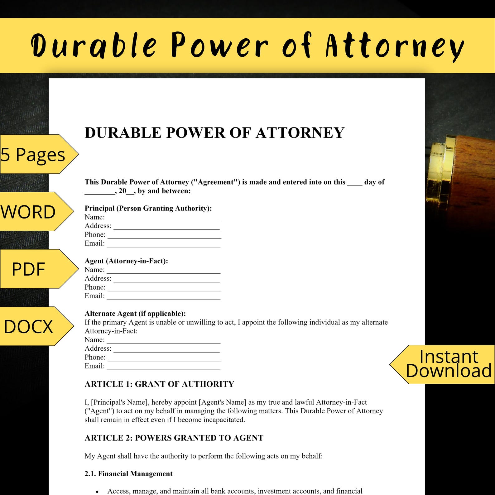 Editable Durable Power of Attorney | Editable PDF, Google Doc, Word ...