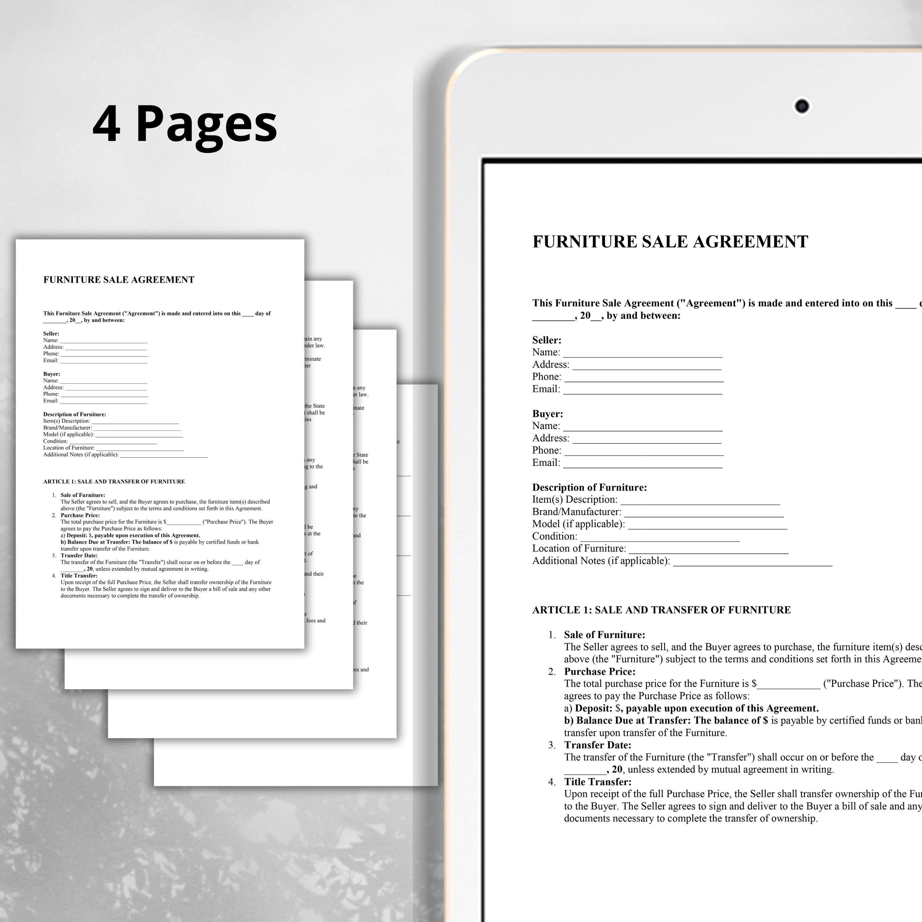 Furniture Sale Agreement | Editable PDF, Google Doc, Word | Secure ...