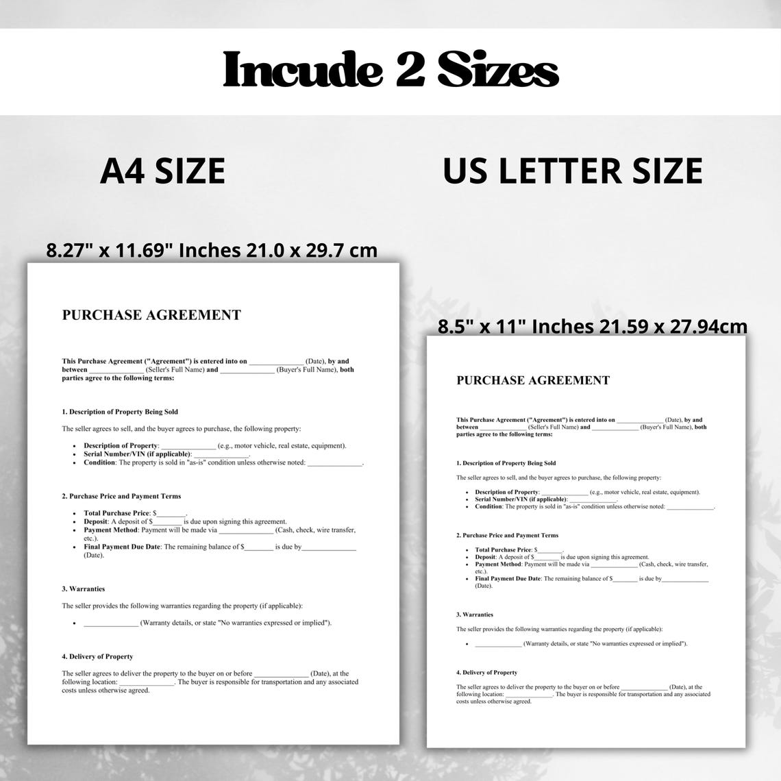 Editable Purchase Agreement Template - PDF | Word | A4 & US Letter Size ...