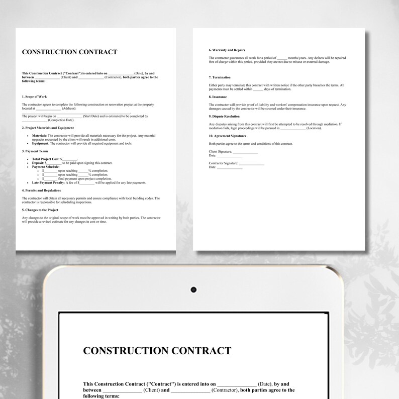 Editable Construction Contract - PDF and Word | A4 & US Letter Size - Etsy