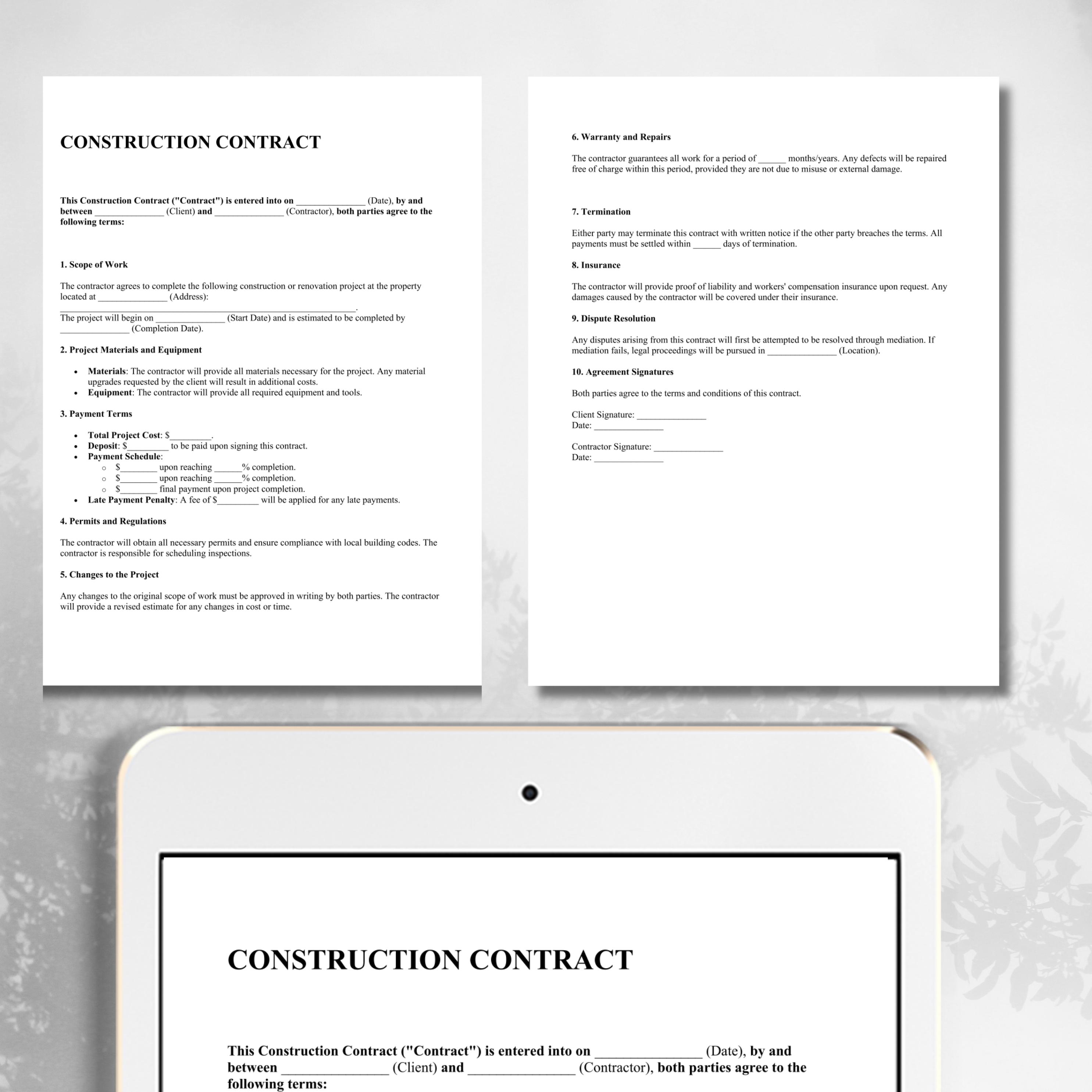 Editable Construction Contract - PDF and Word | A4 & US Letter Size - Etsy