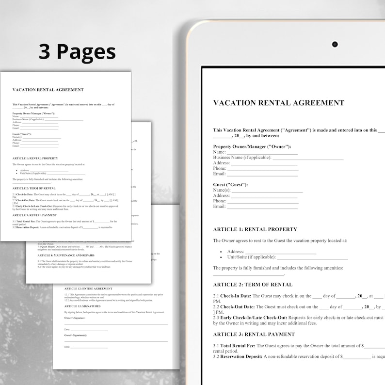 Vacation Rental Agreement | Editable PDF, Google Doc and Word | Legal ...