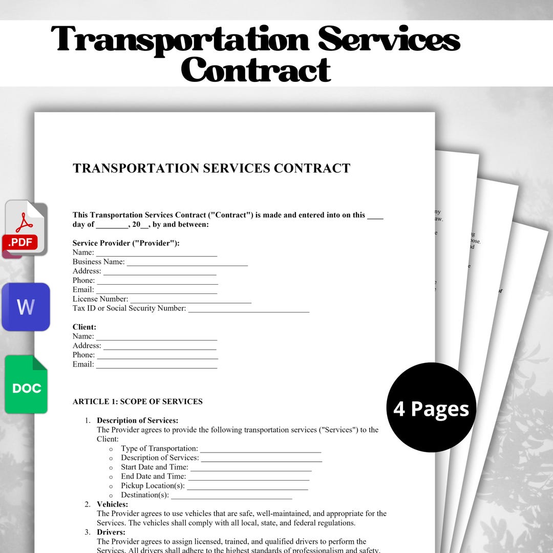 Editable Transportation Services Contract | Editable PDF, Google Doc ...