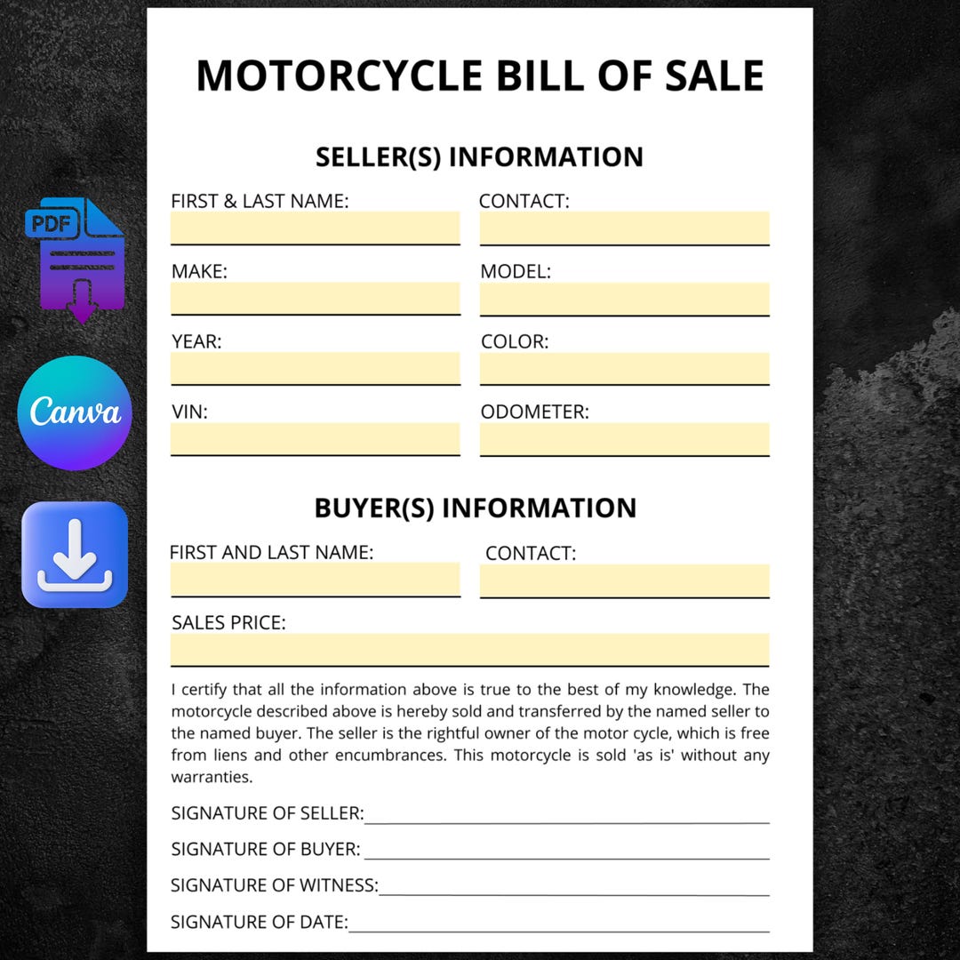 Editable Motorcycle Bill of Sale Template – PDF A4 & US Letter - Etsy