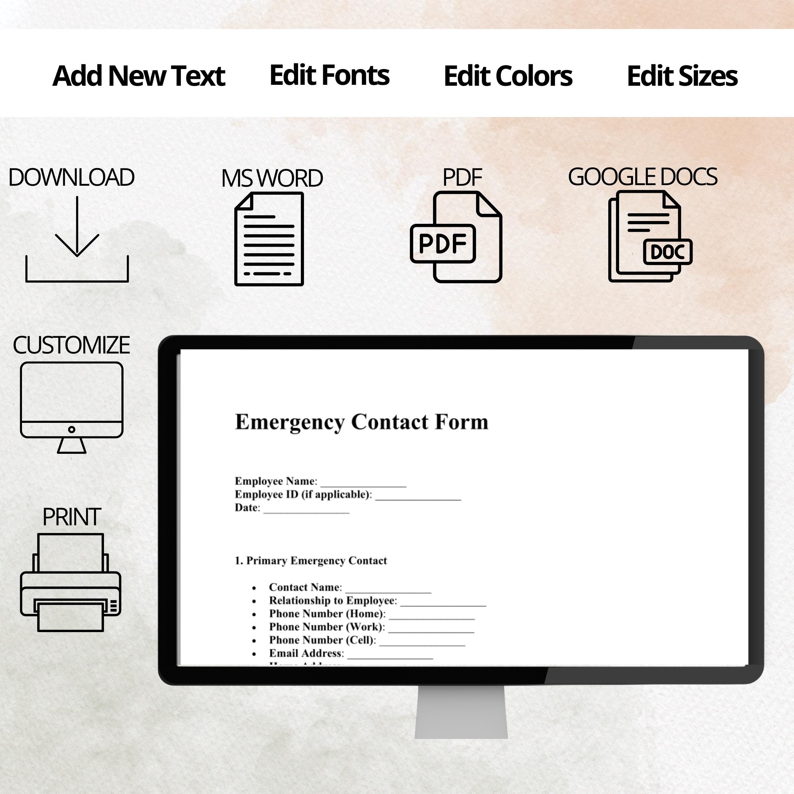 Editable Emergency Contact Form Template – Word, PDF, Google Docs - Etsy