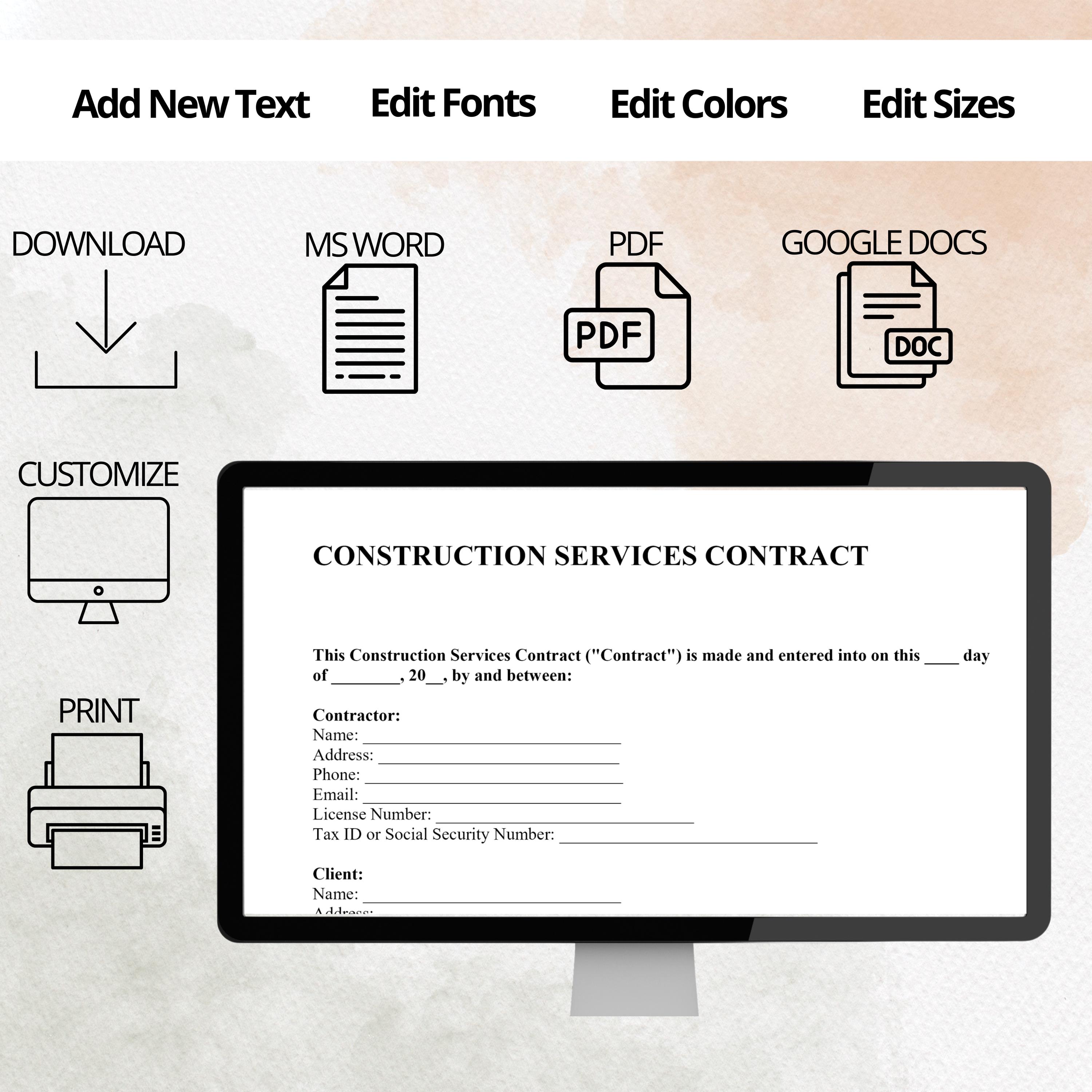 Construction Services Contract | Editable PDF, Google Doc, Word | Legal ...