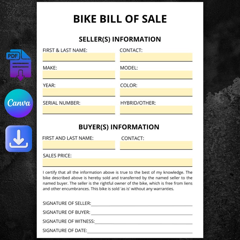 Editable Bike Bill of Sale Template – PDF A4 & US Letter - Etsy