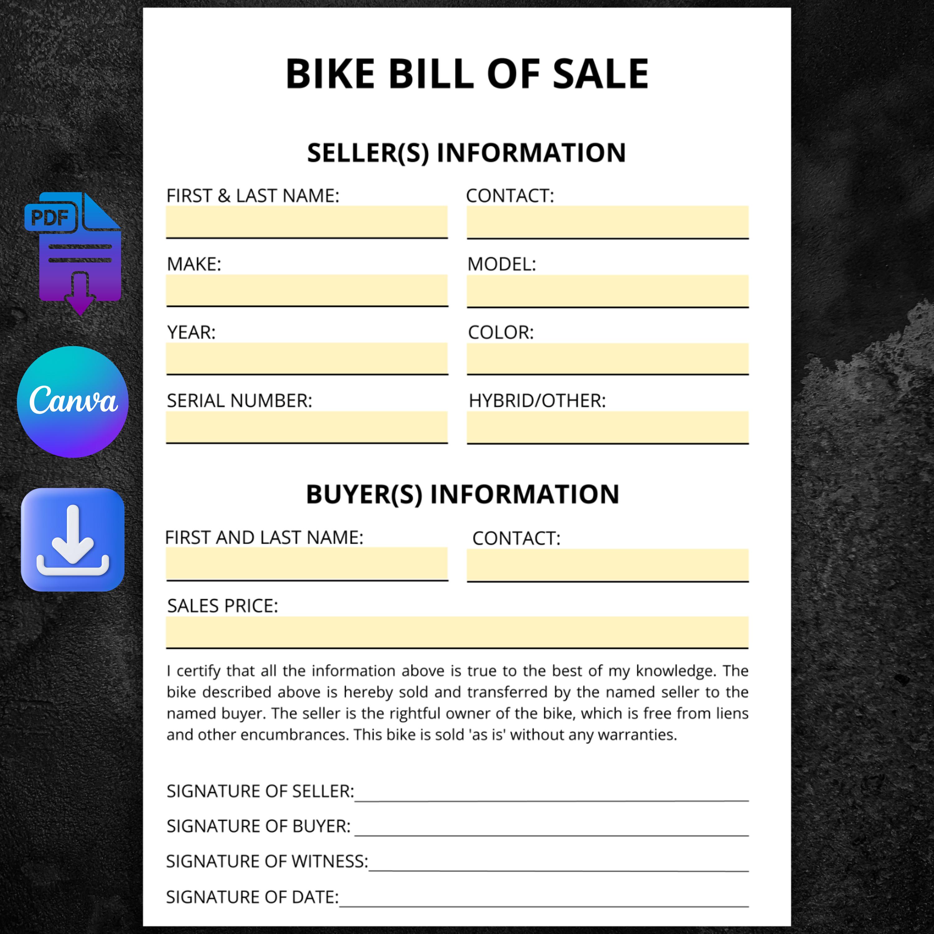 Editable Bike Bill of Sale Template – PDF A4 & US Letter - Etsy