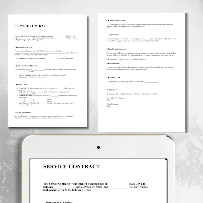 Editable Service Contract Template - PDF | Word | A4 & US Letter Size ...