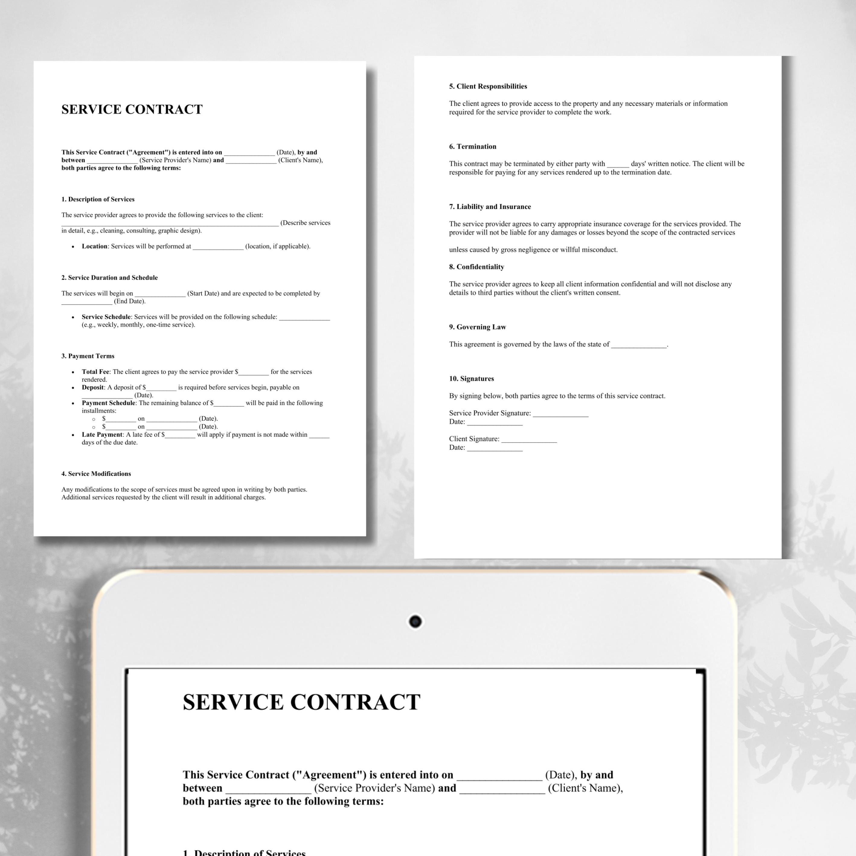 Editable Service Contract Template - PDF | Word | A4 & US Letter Size ...