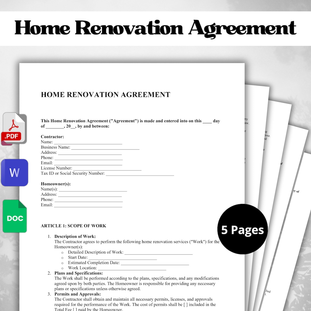 Home Renovation Agreement | Editable PDF, Google Doc, Word | Secure ...