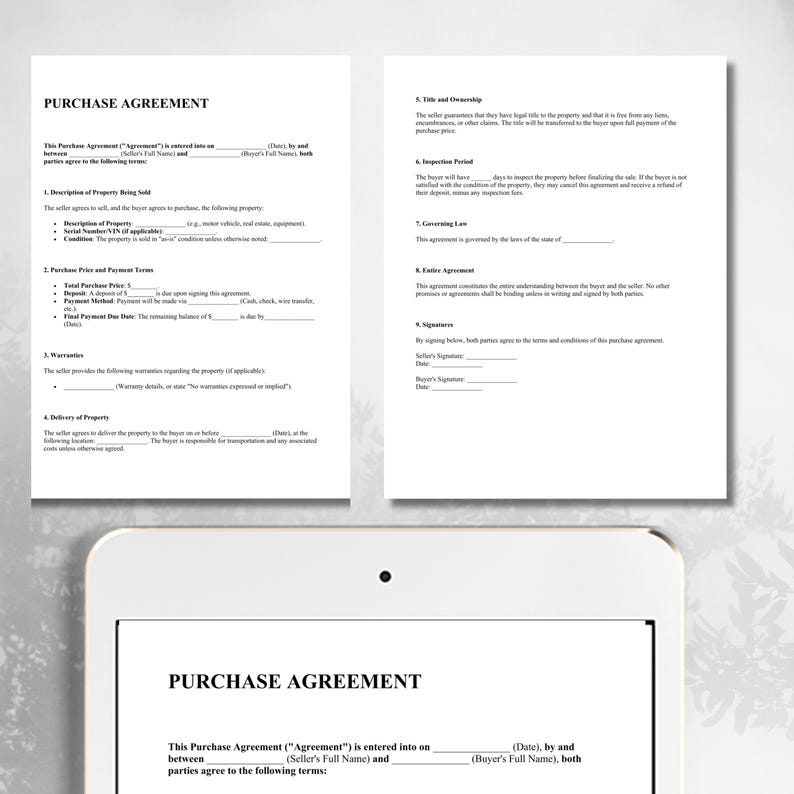 Editable Purchase Agreement Template - PDF | Word | A4 & US Letter Size ...