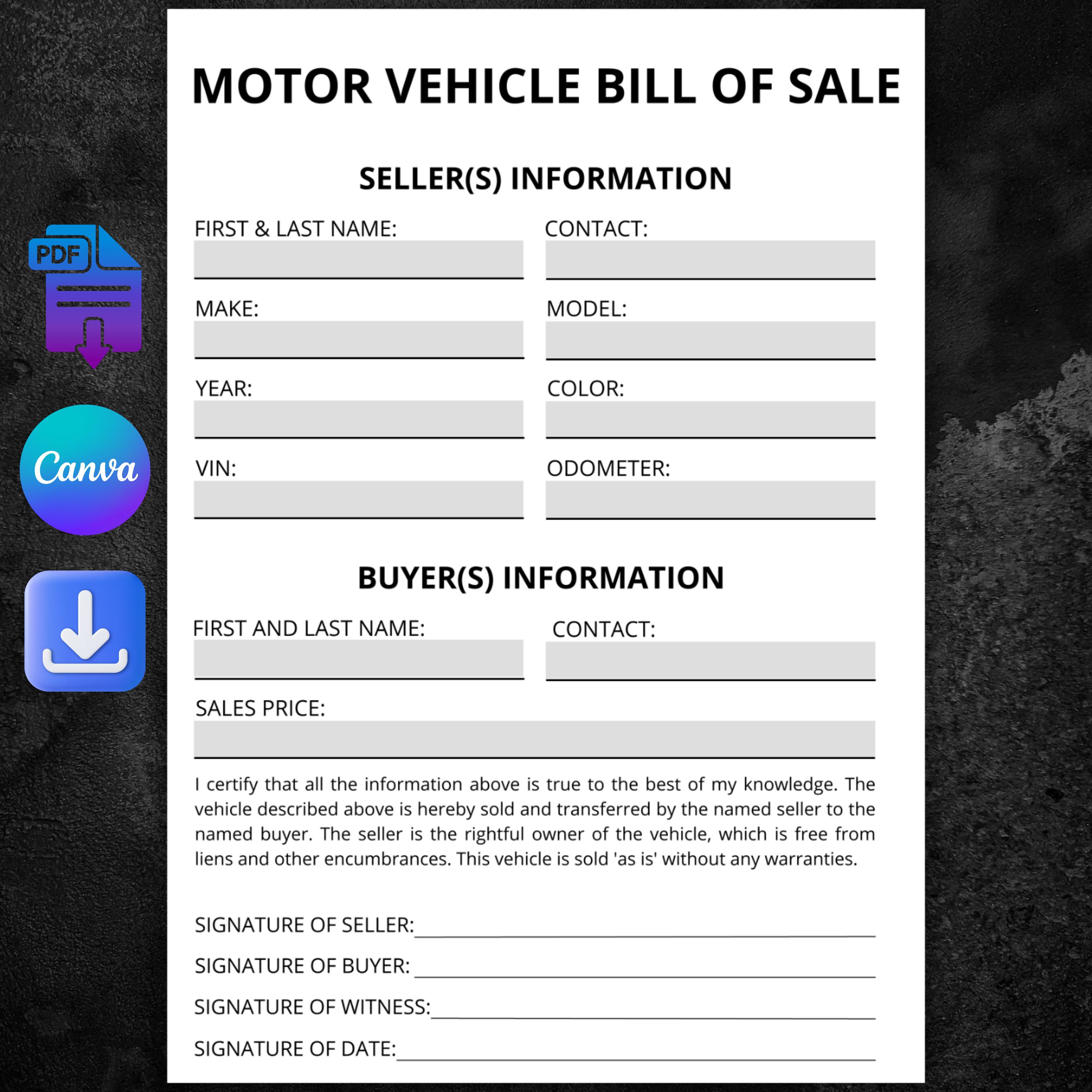 Editable Motor Vehicle Bill of Sale Template – PDF, Google Docs & Word ...