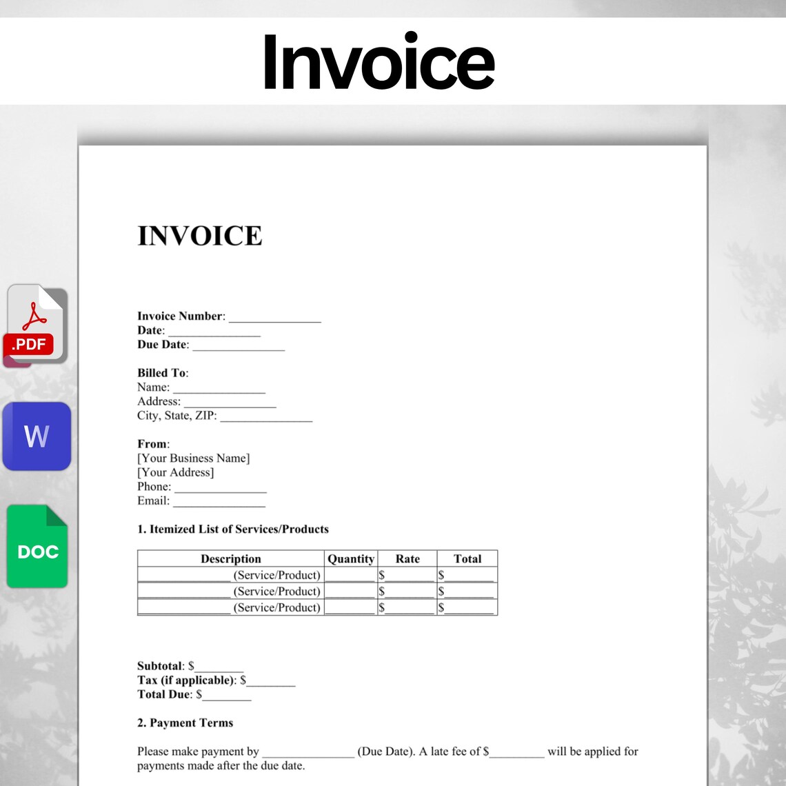 Editable Invoice Template - PDF | Word | A4 & US Letter Size - Etsy