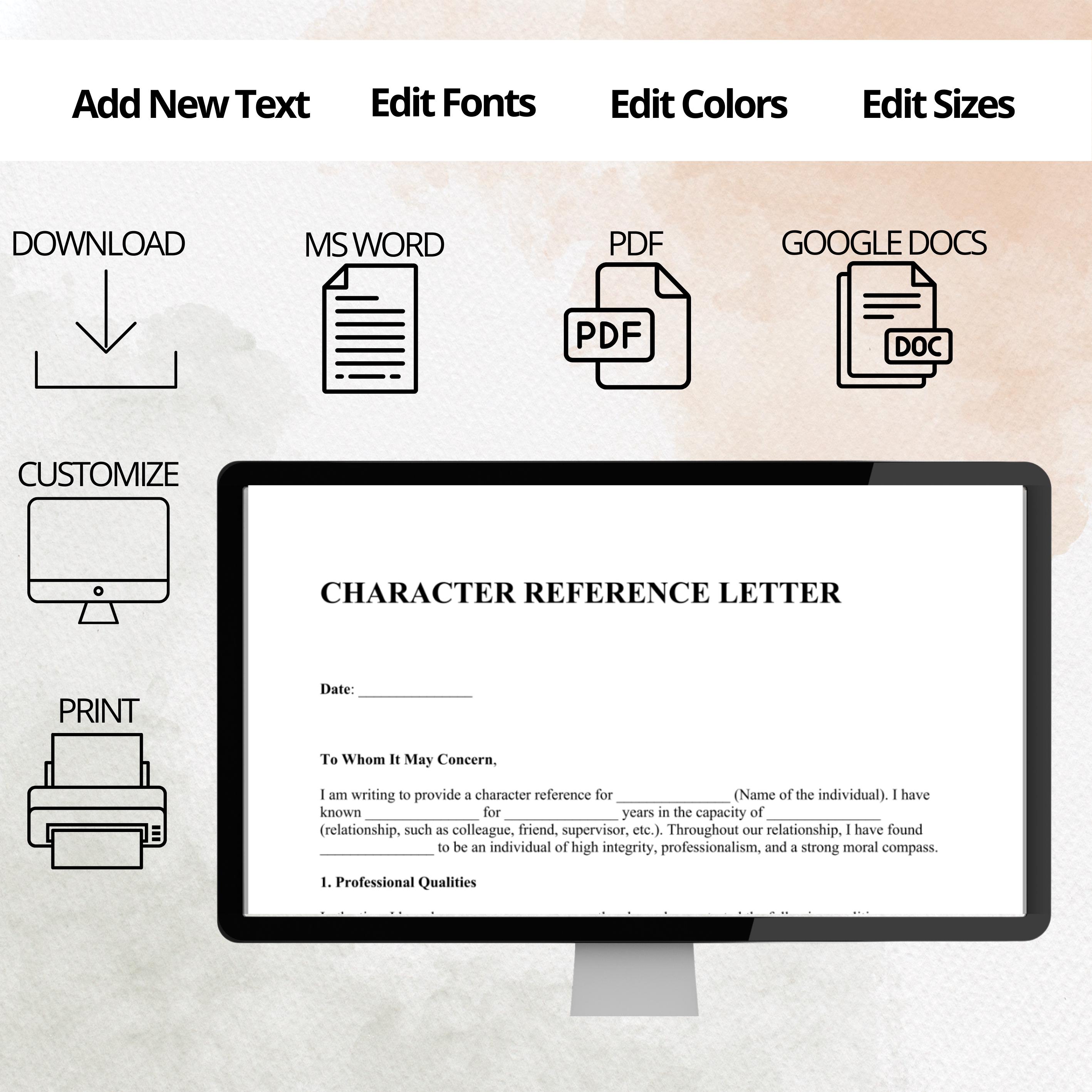 Editable Character Reference Letter - PDF and Word | A4 & US Letter - Etsy