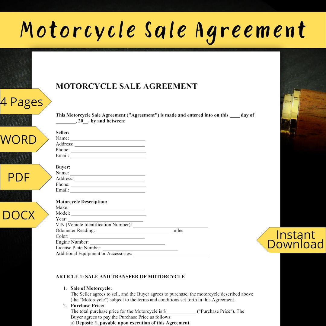 Motorcycle Sale Agreement | Editable PDF, Google Doc, Word | Legal ...