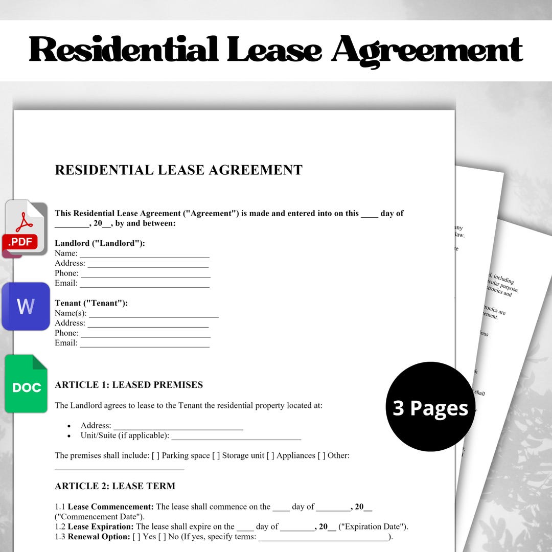 Residential Lease Agreement | Editable PDF, Google Doc, Word | Legal ...
