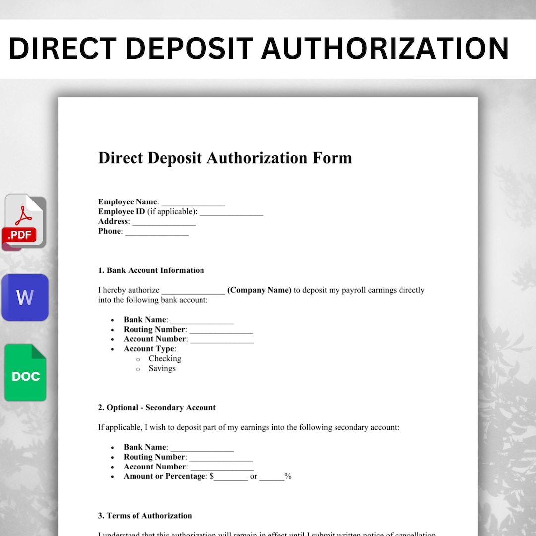 Editable DDA | Direct Deposit Authorization Form – Word, PDF & Google ...