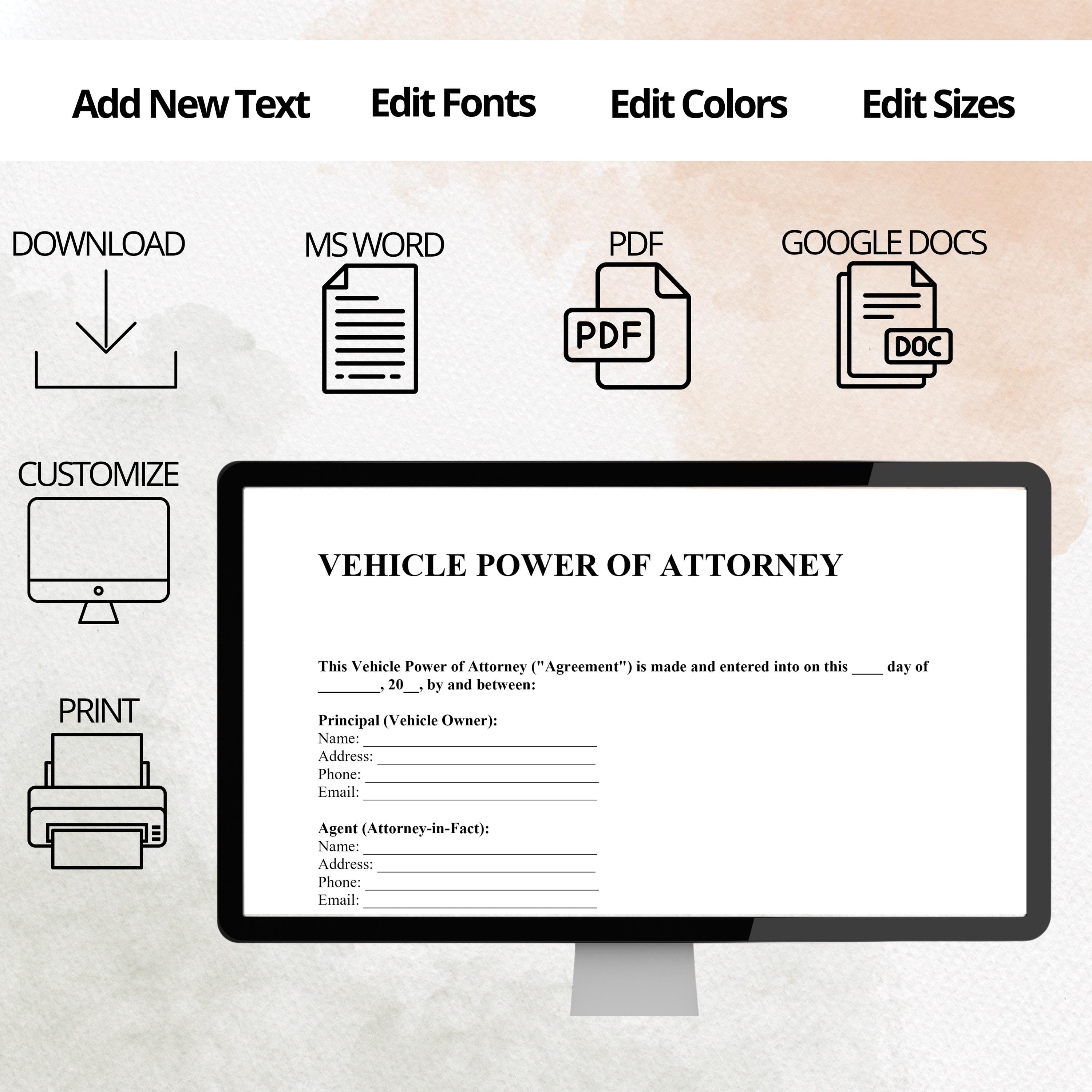 Vehicle Power of Attorney Agreement | Editable PDF, Google Doc, Word ...