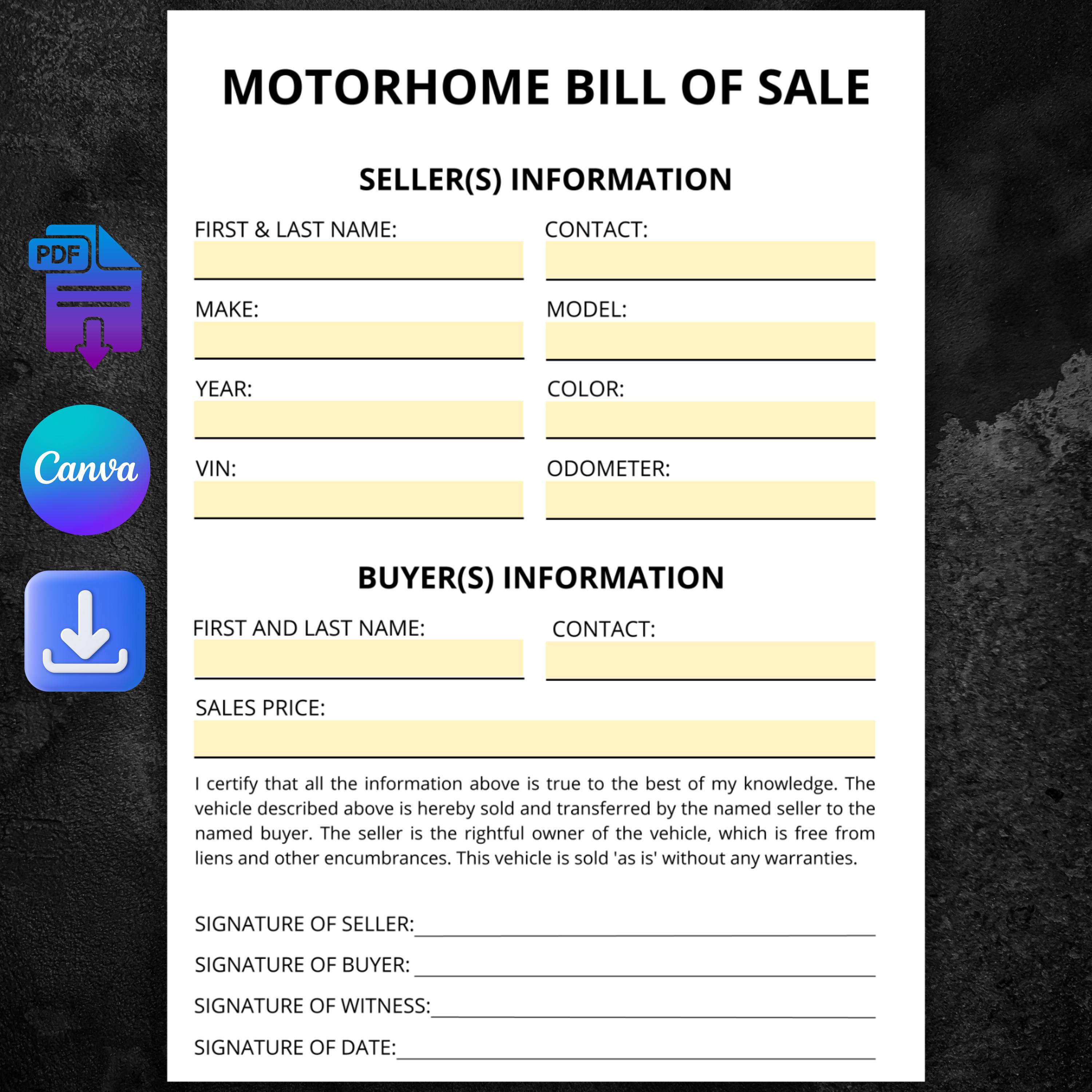 Motorhome Bill of Sale Template | Editable | PDF A4 & US Letter - Etsy